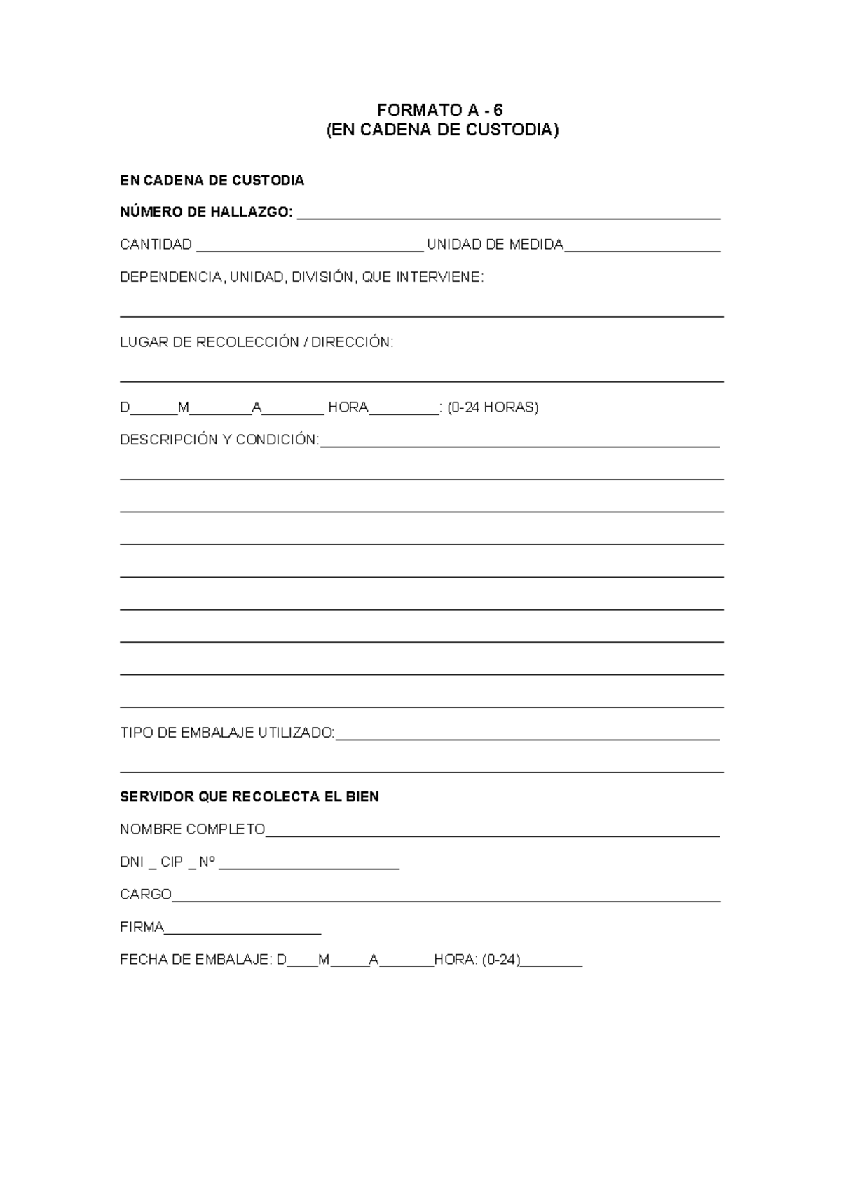 Cadena De Custodia A6 Y A7 Formato A 6 En Cadena De Custodia En