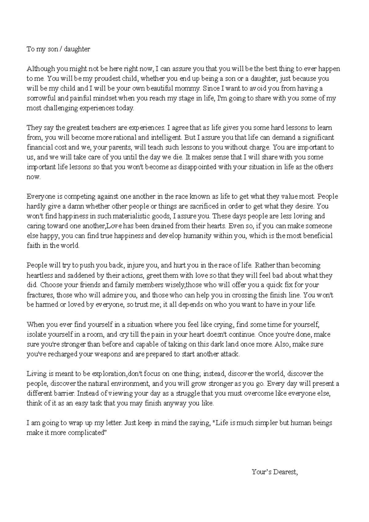 To my son daughter - letter for your future child or imaginary child ...