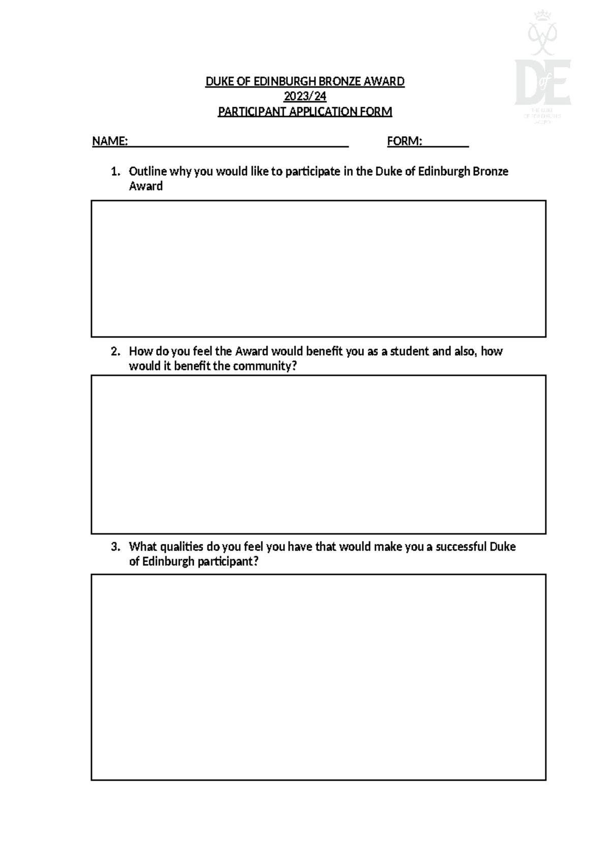 Application form - 5M6Z0068 - DUKE OF EDINBURGH BRONZE AWARD 2023 ...