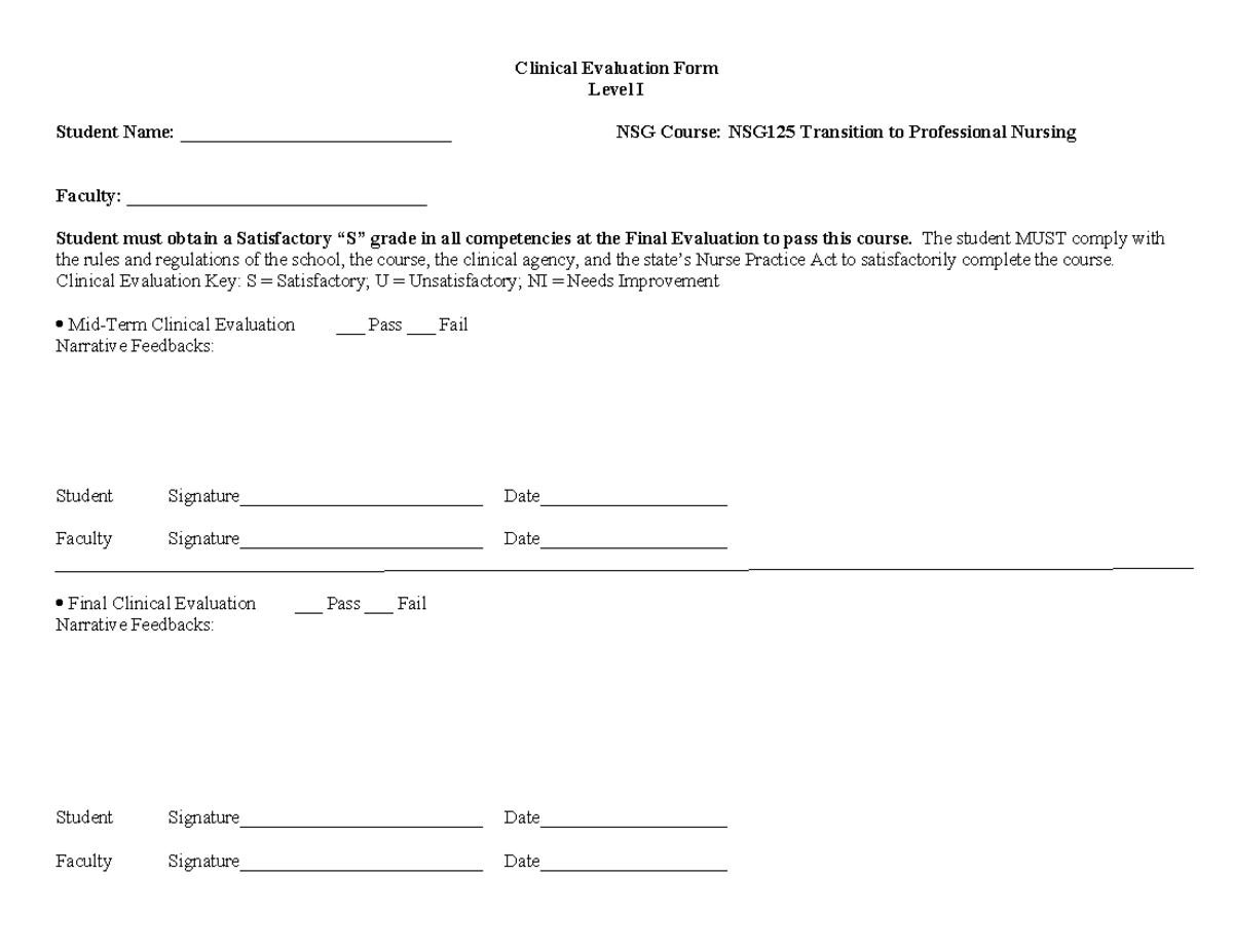 Clinical Evaluation Tool - NSG125 10 - Clinical Evaluation Form Level I ...