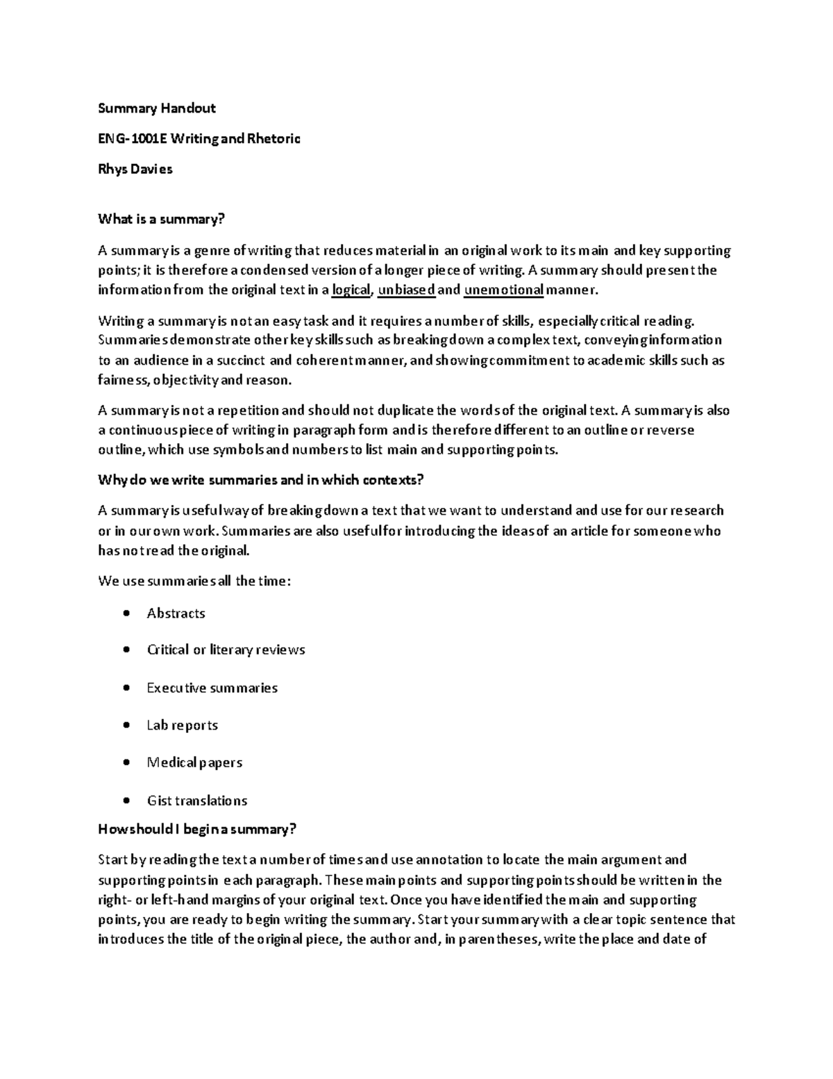 Summary Handout - Summary Handout ENG-1001E Writing and Rhetoric Rhys ...