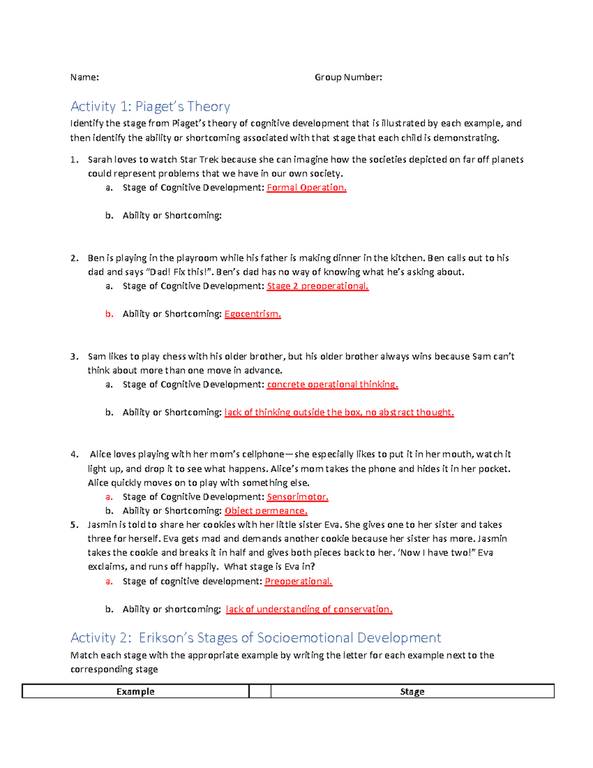 Piaget’s Theory:: - Class Assignment after the lecture. - Name: Group ...