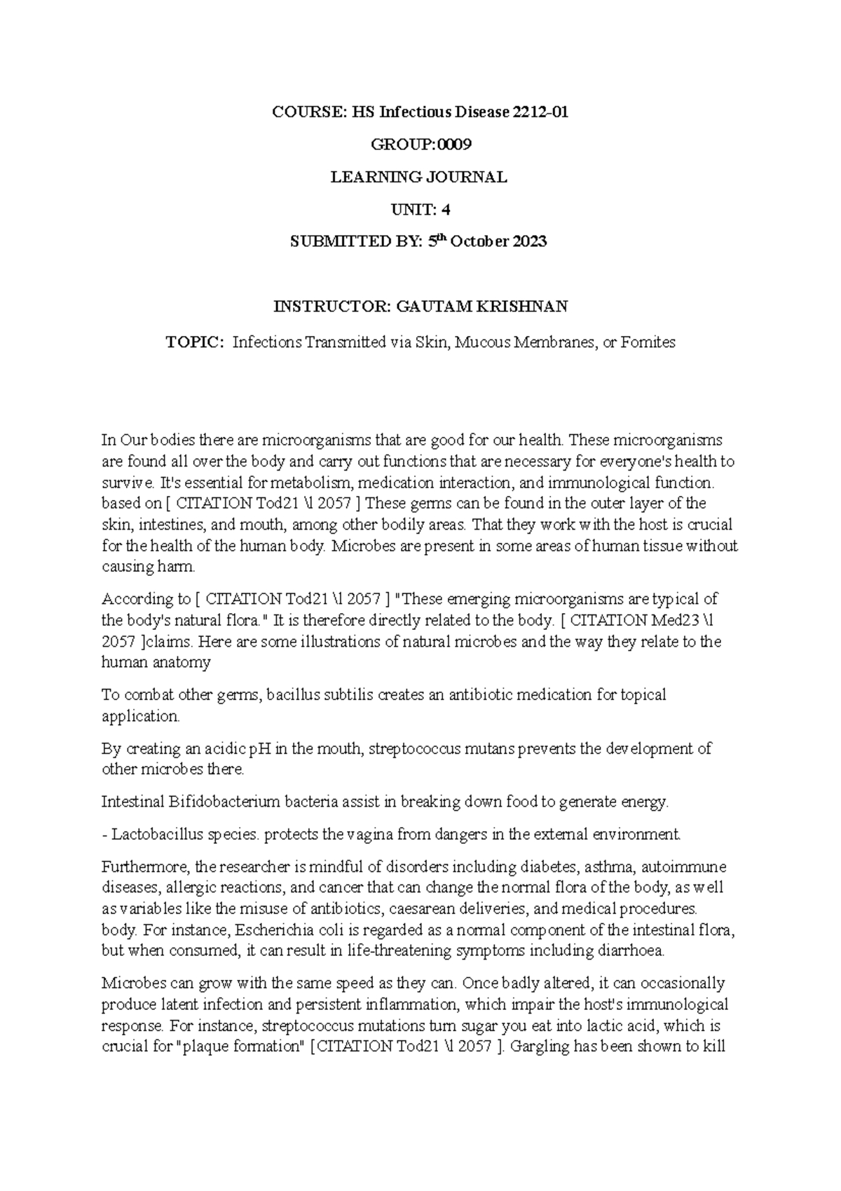 Learning Journal unit 4 infectious diseases - COURSE: HS Infectious ...