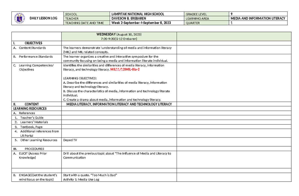 Lesson 2 - NOTES - DAILY LESSON LOG SCHOOL LAMPITAK NATIONAL HIGH ...