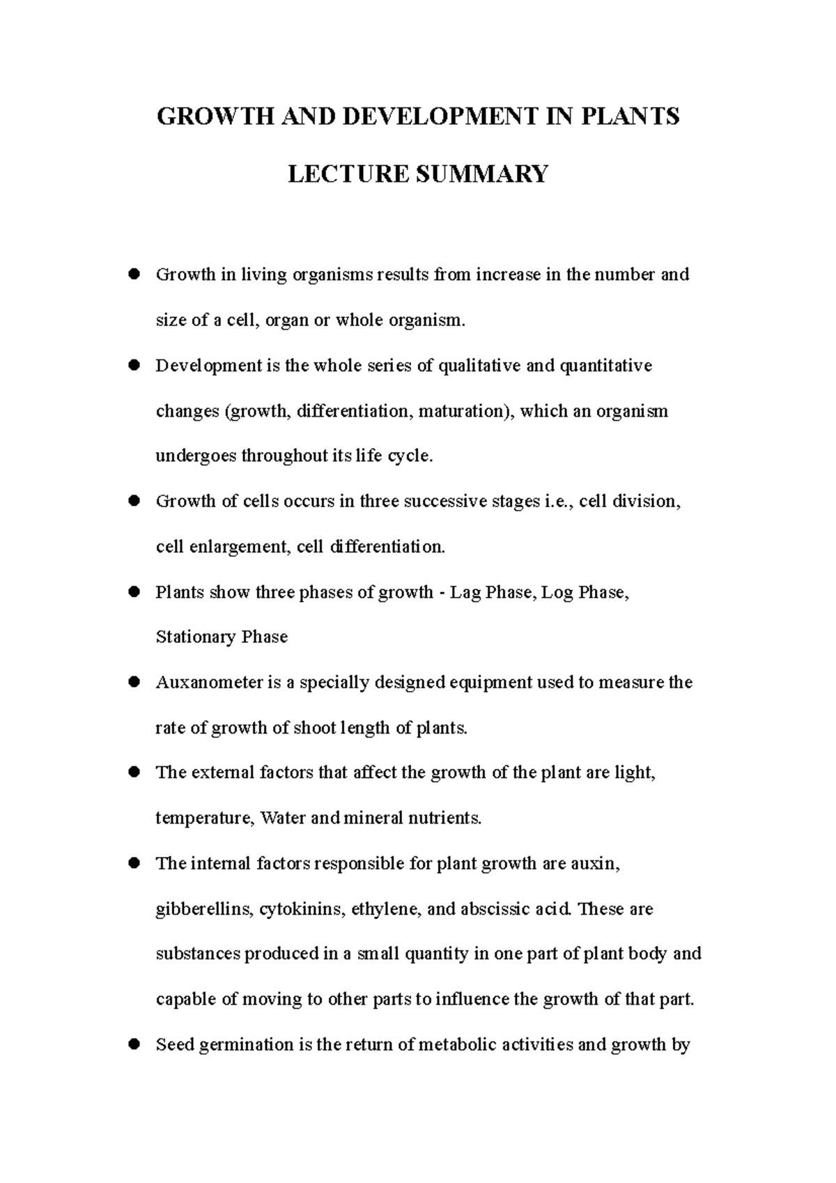 GROWTH AND DEVELOPMENT IN PLANTS LECTURE SUMMARY - GROWTH AND ...