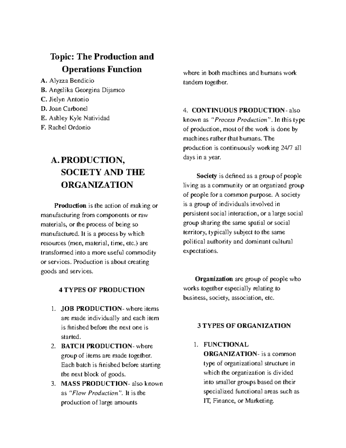 OM TQM Productions and Operations Functions Handout - Topic: The ...