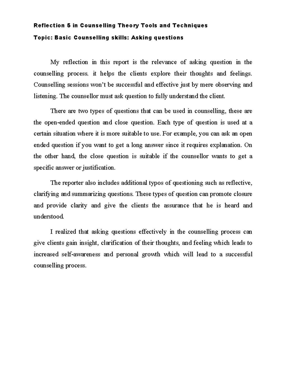 Reflection 5 in Counselling Theory Tools and Techniques - Reflection 5 ...