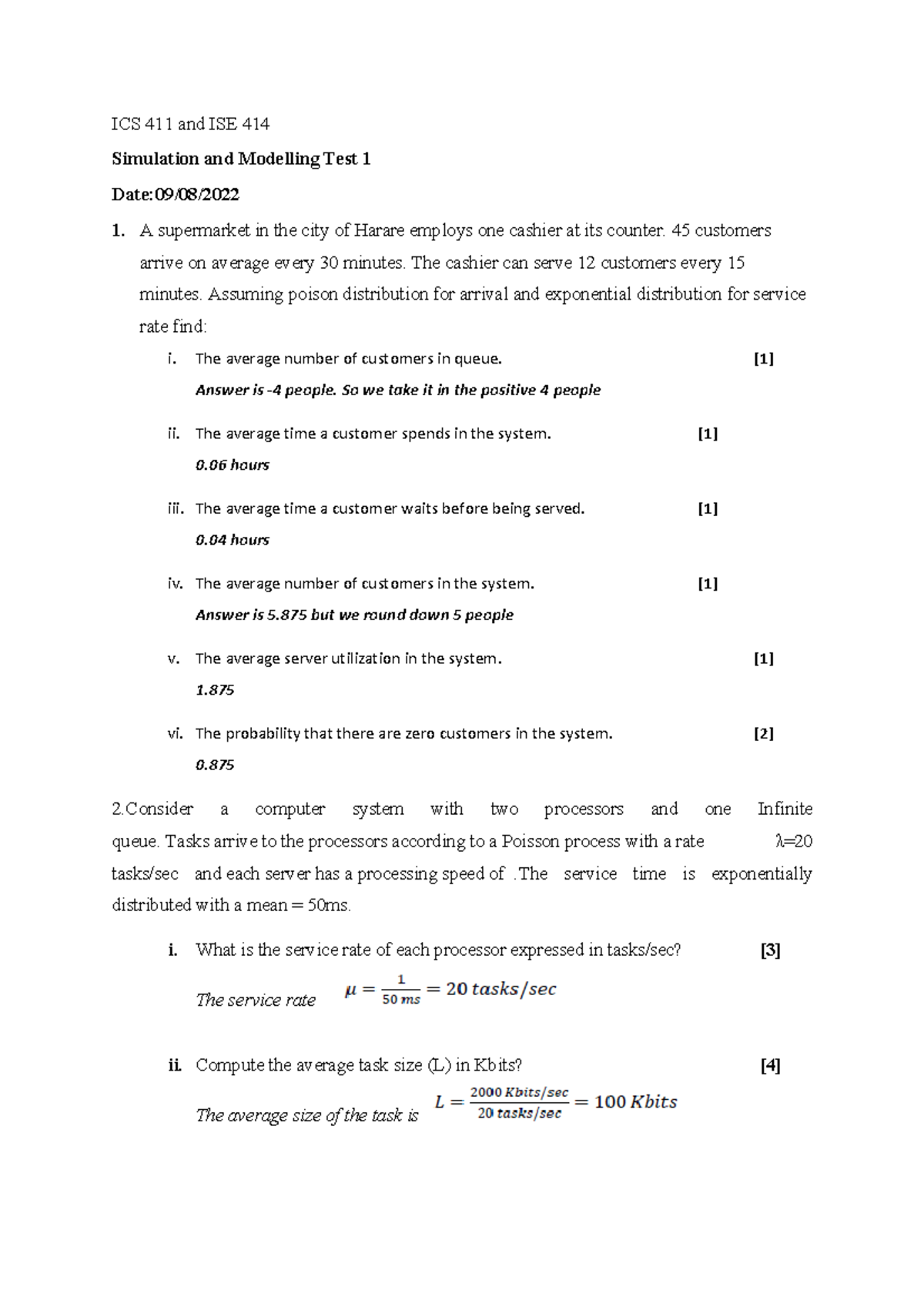 Answers 1 - None - ICS 411 and ISE 414 Simulation and Modelling Test 1 ...
