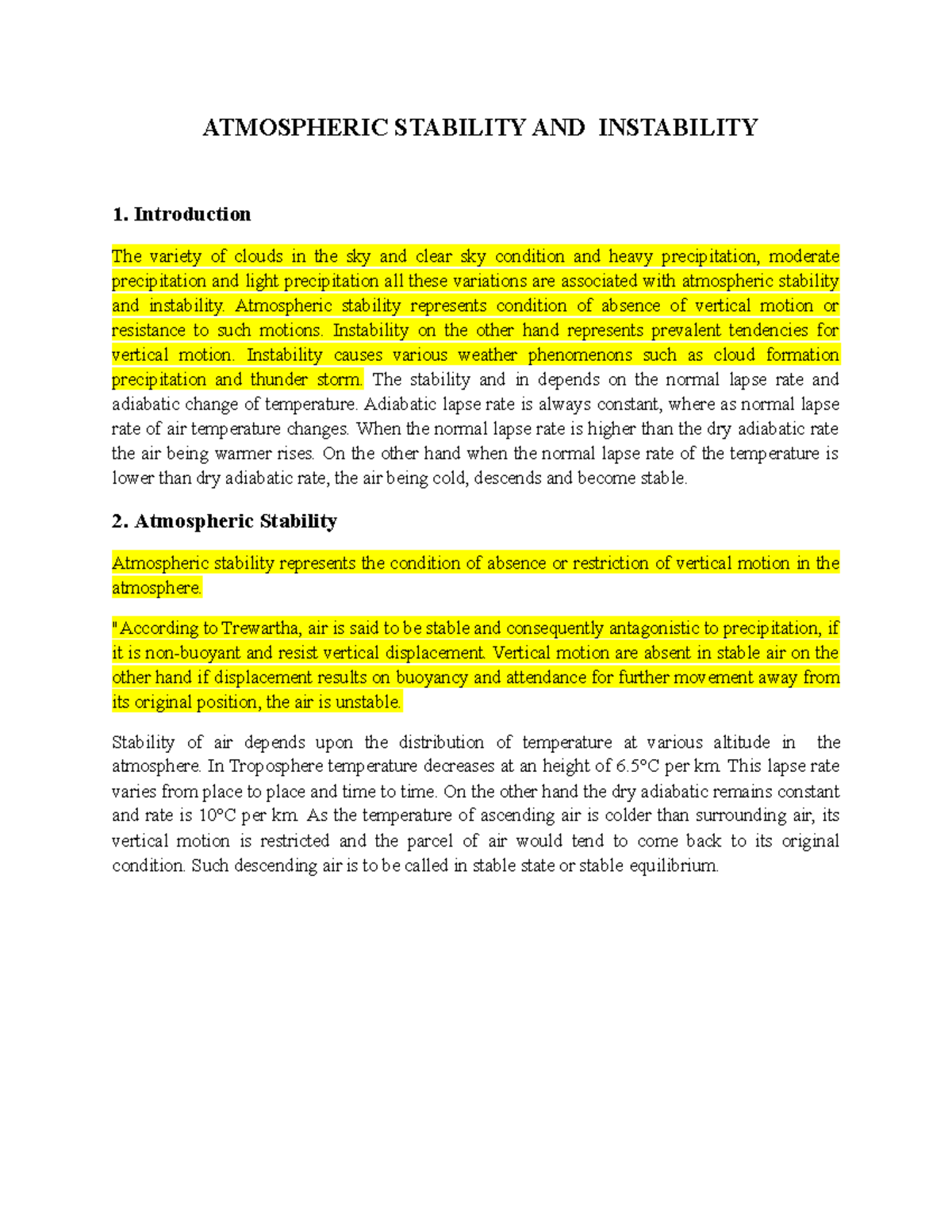 Atmospheric stability and instability - ATMOSPHERIC STABILITY AND ...