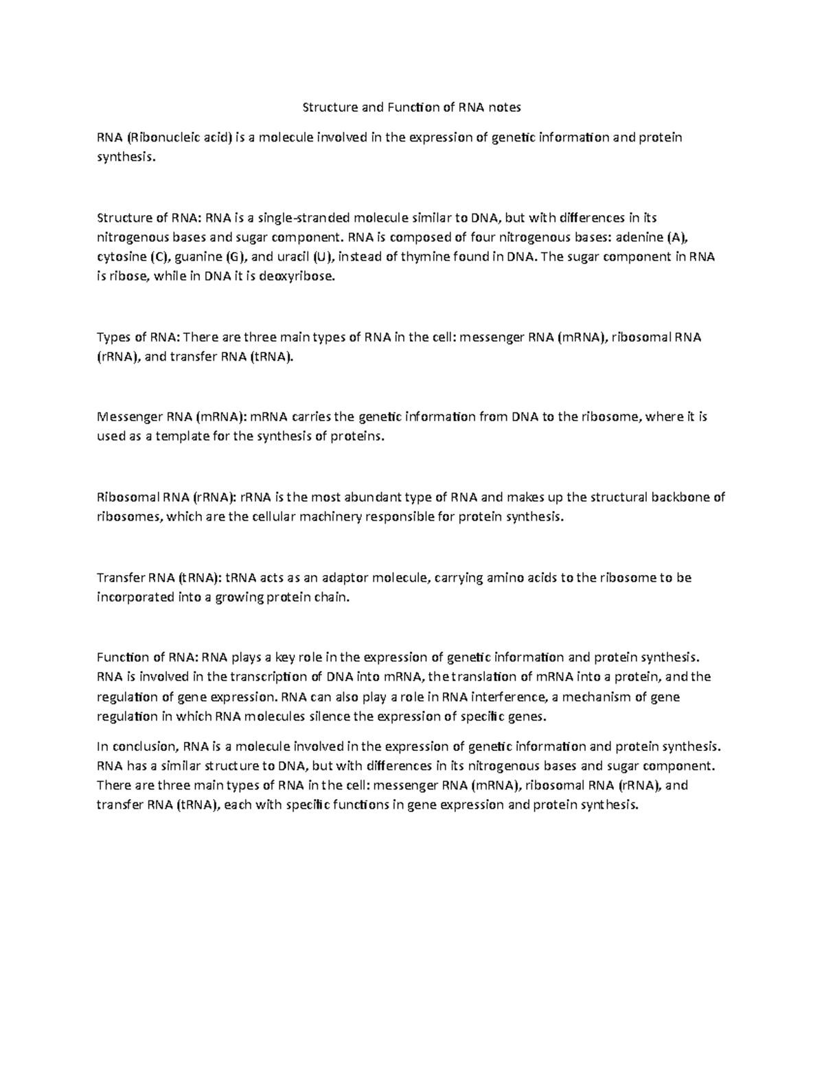 Structure and Function of RNA notes - Structure of RNA: RNA is a single ...