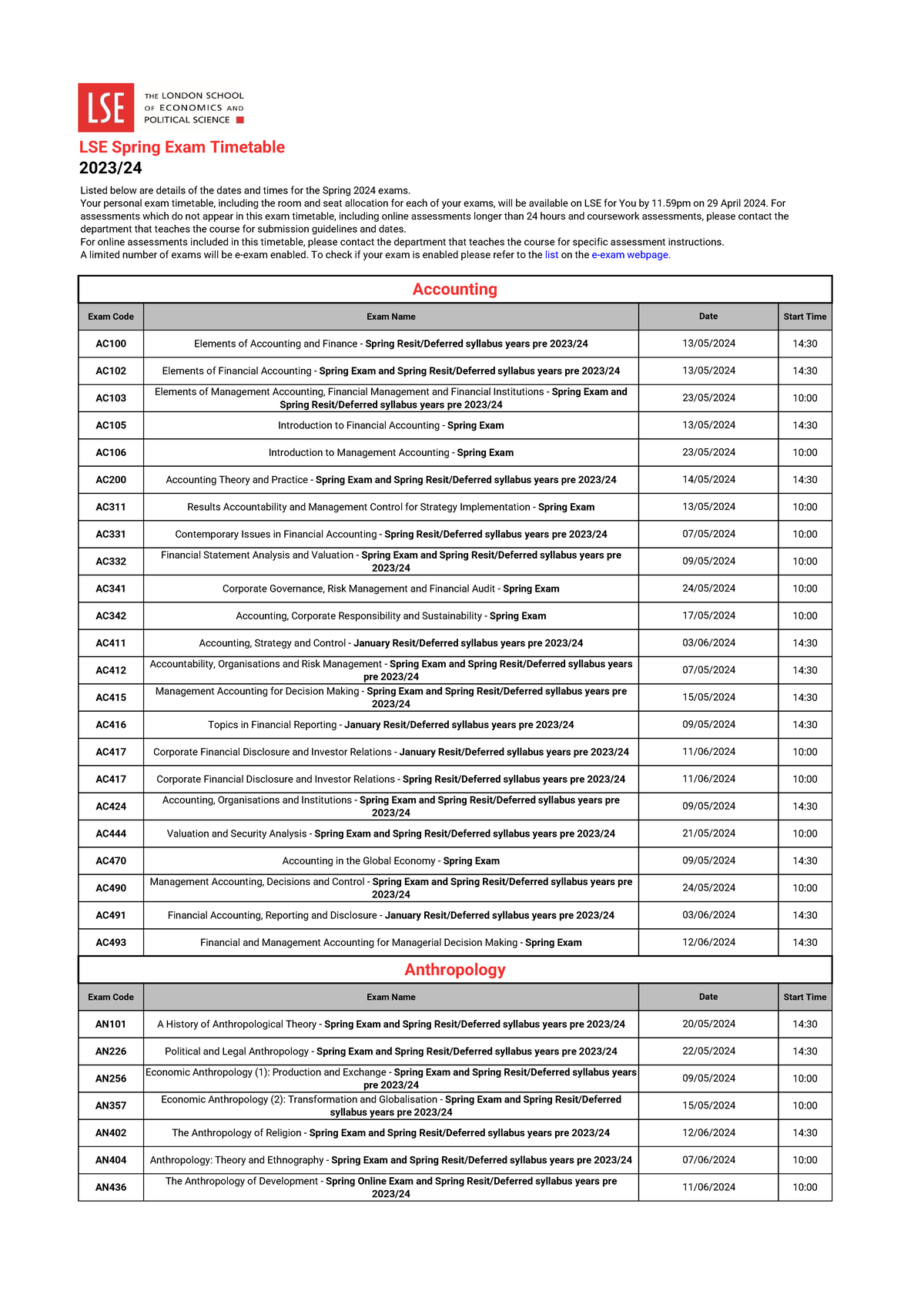 Spring Exam Timetable 2024 Final 1 - Exam Code Exam Name Start Time ####### 10: ####### 10 ...