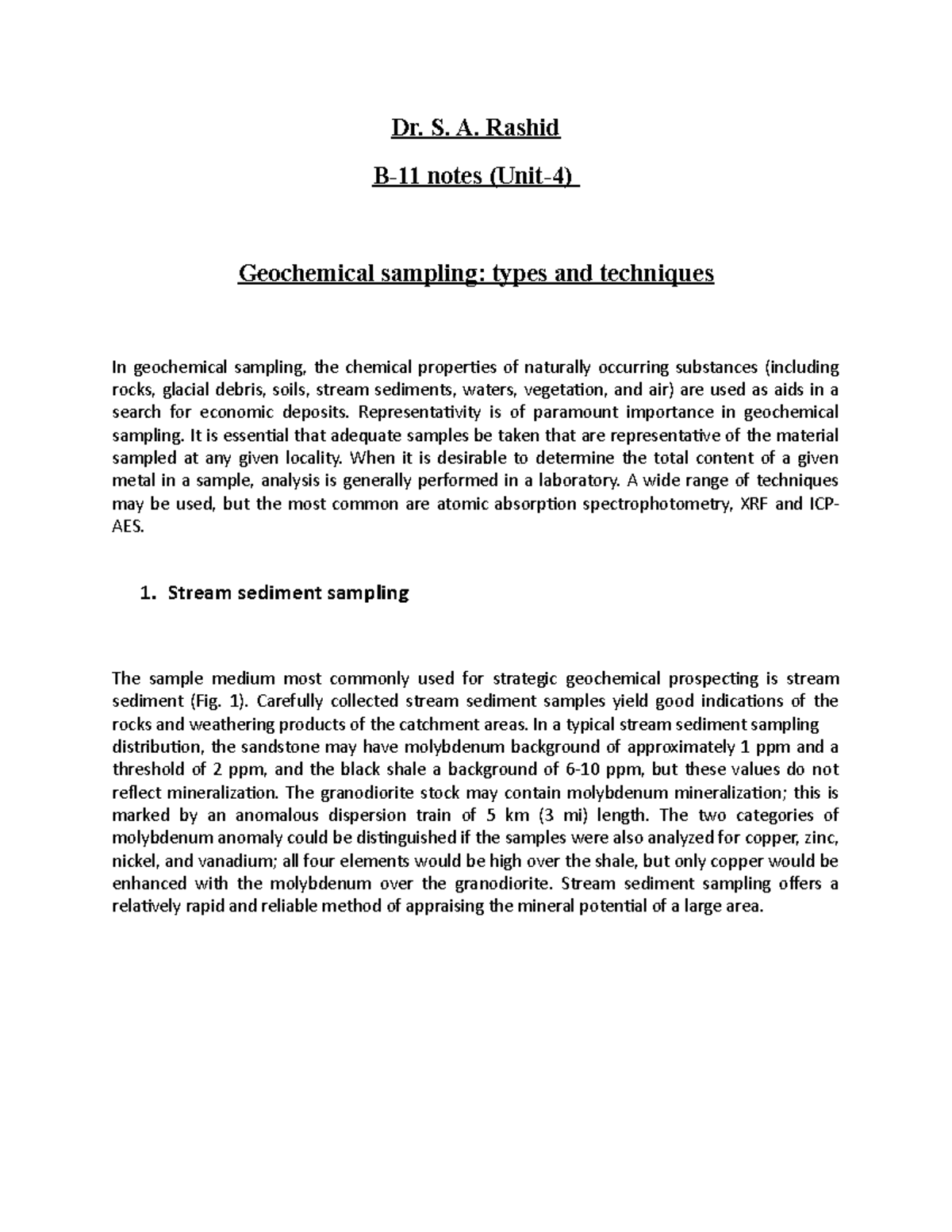 B-11 notes-Geochemical sampling - Dr. S. A. Rashid B-11 notes (Unit-4 ...