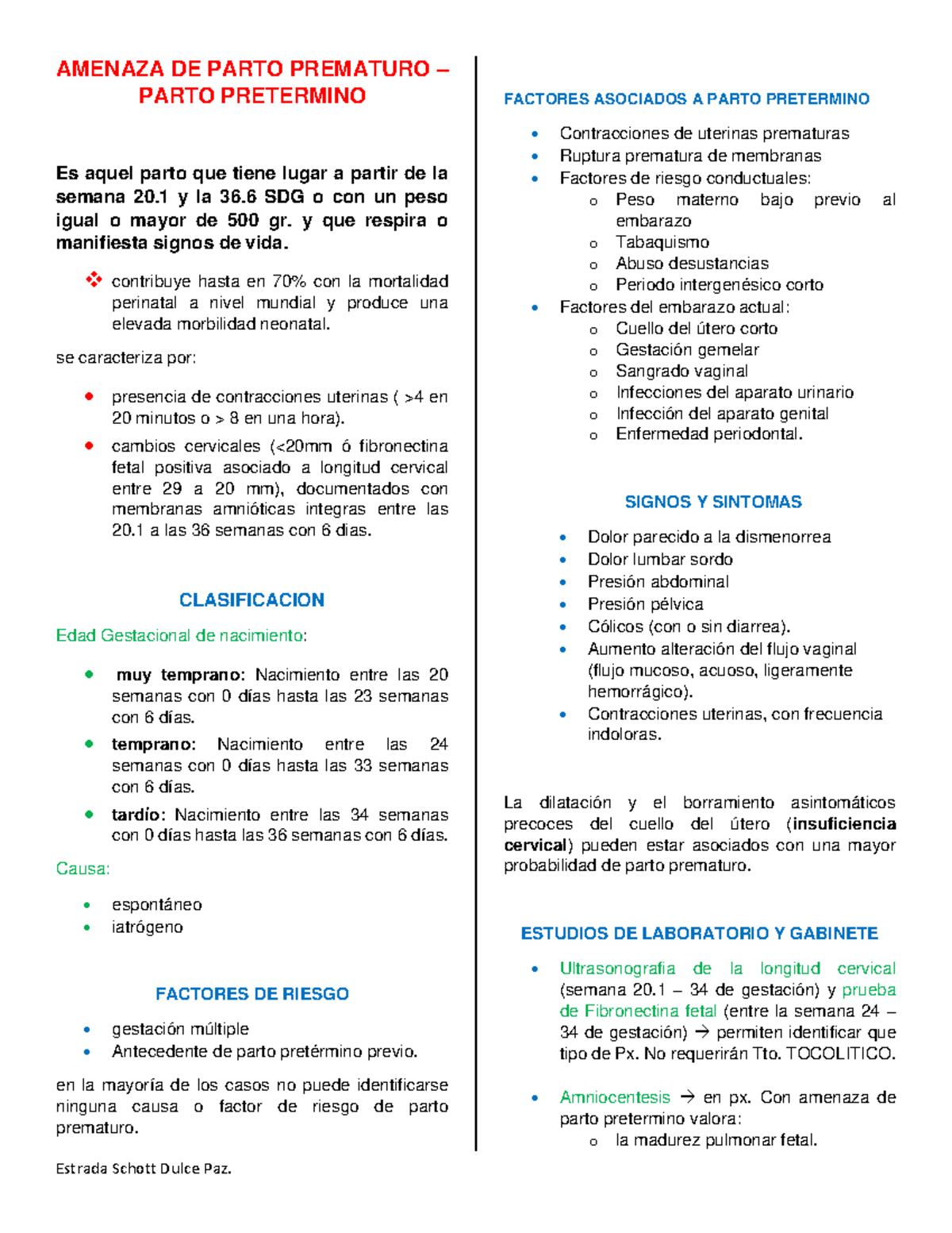 Amenaza DE Parto Prematuro - Estrada Schott Dulce Paz. AMENAZA DE PARTO ...