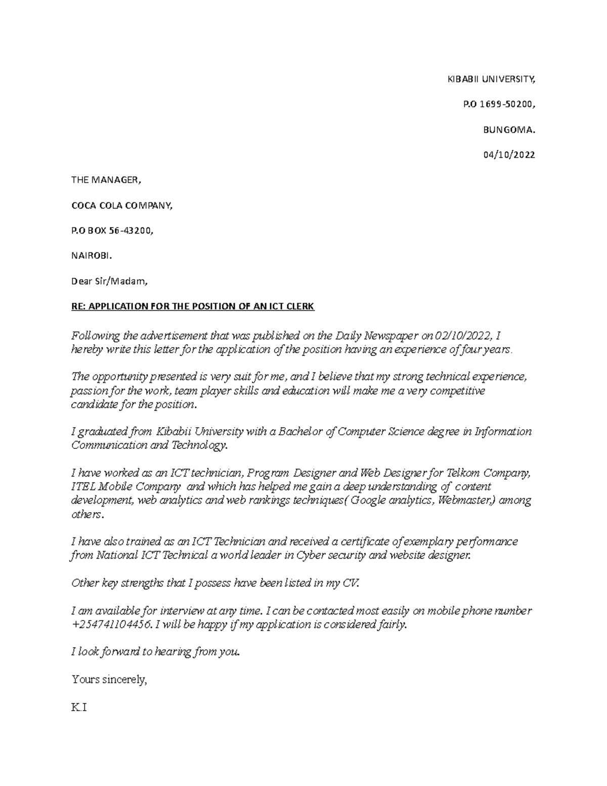 ICT Clerk Application FORM - KIBABII UNIVERSITY, P 1699-50200, BUNGOMA ...