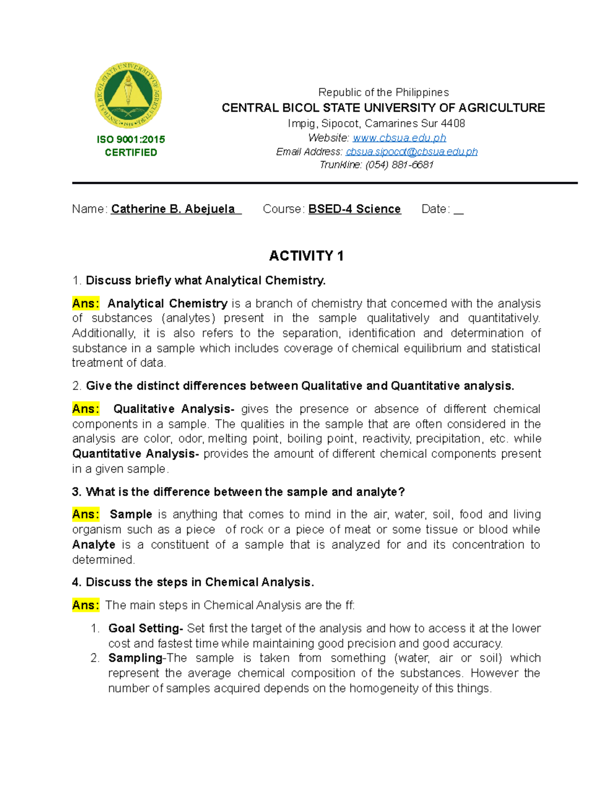 Activity 1-Analytical chemistry - ISO 9001: CERTIFIED Republic of the ...