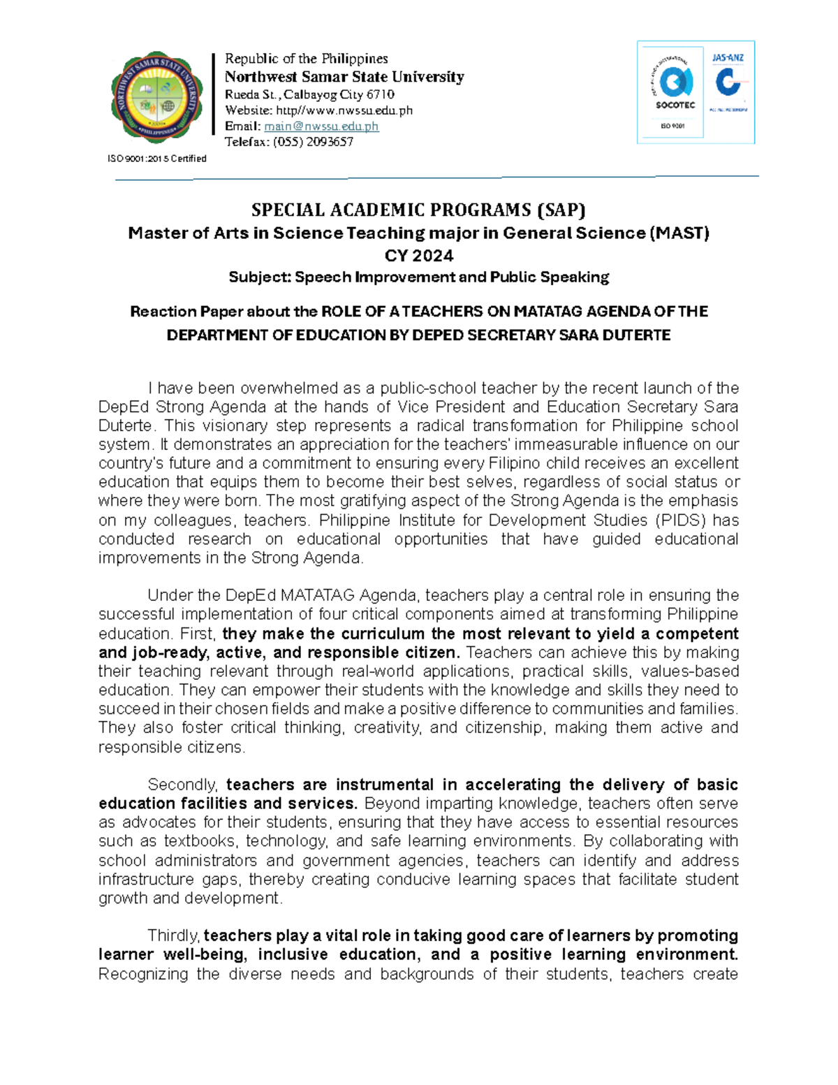 Reaction Paper 2 Role of a teachers on Matatag Agenda - SPECIAL ...