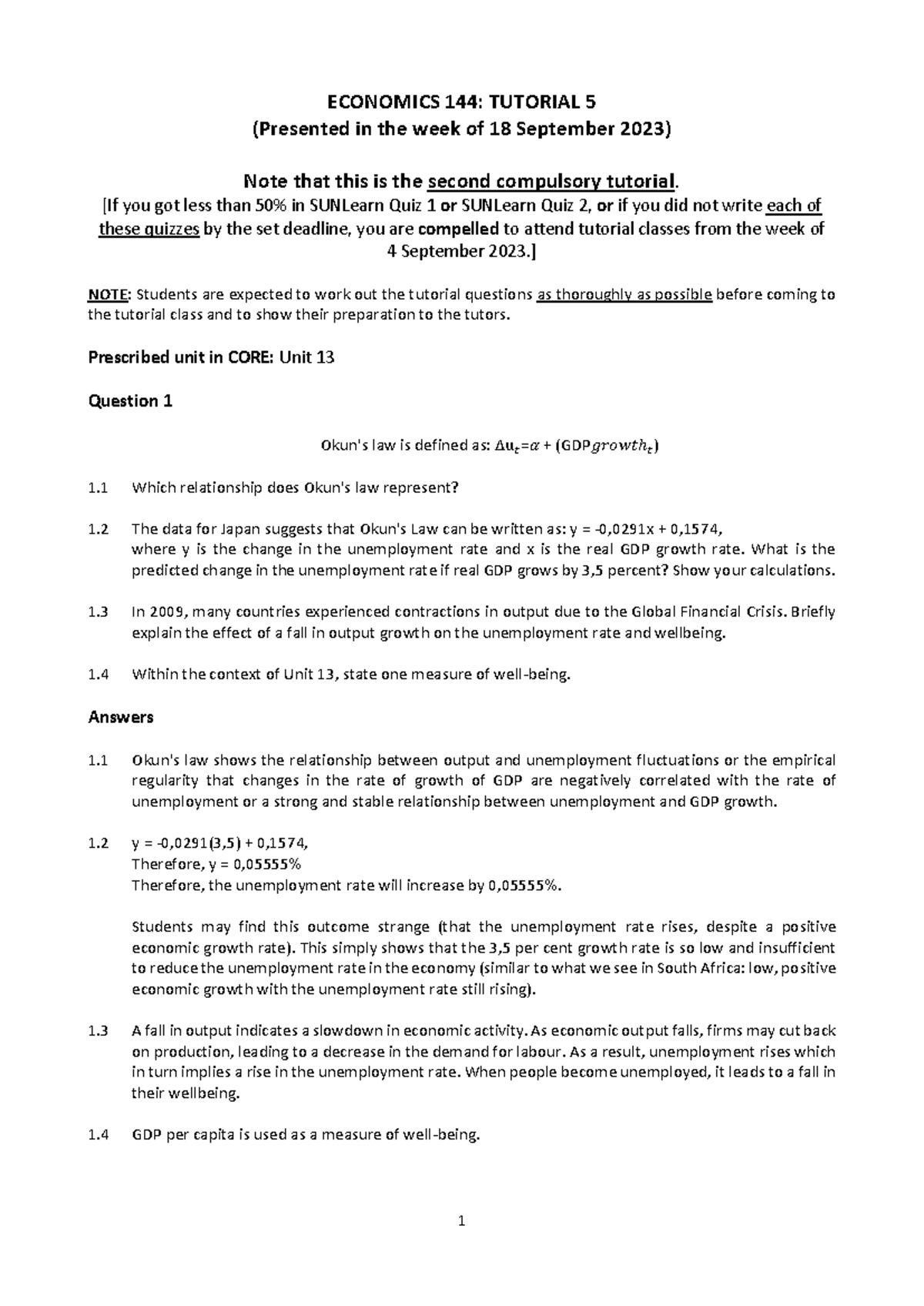 Tutorial 5 questions and memo 2023 - ECONOMICS 144: TUTORIAL 5 ...