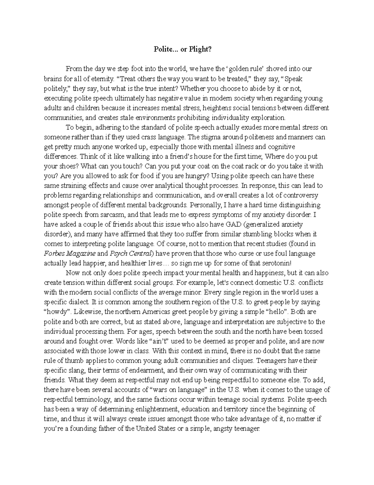 Polite... or Plight - An example of an argument essay - Polite... or ...