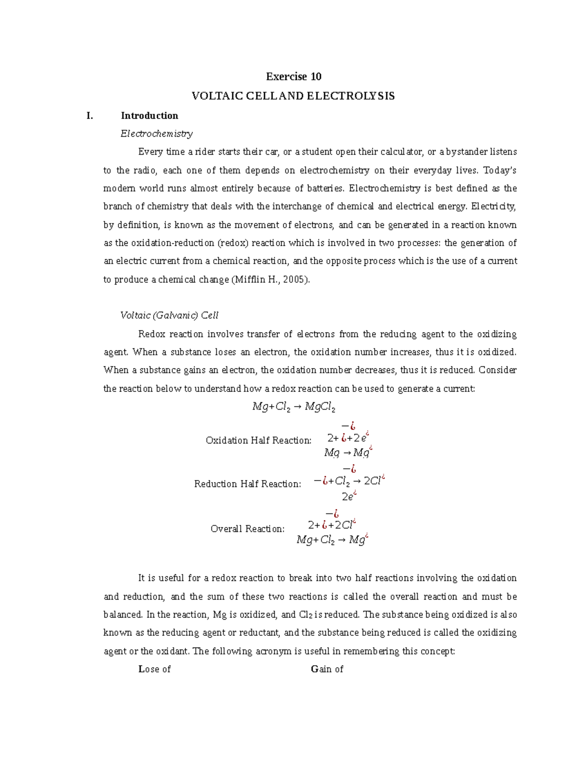 Chem 18 Electrochemistry - Exercise 10 VOLTAIC CELL AND ELECTROLYSIS I ...
