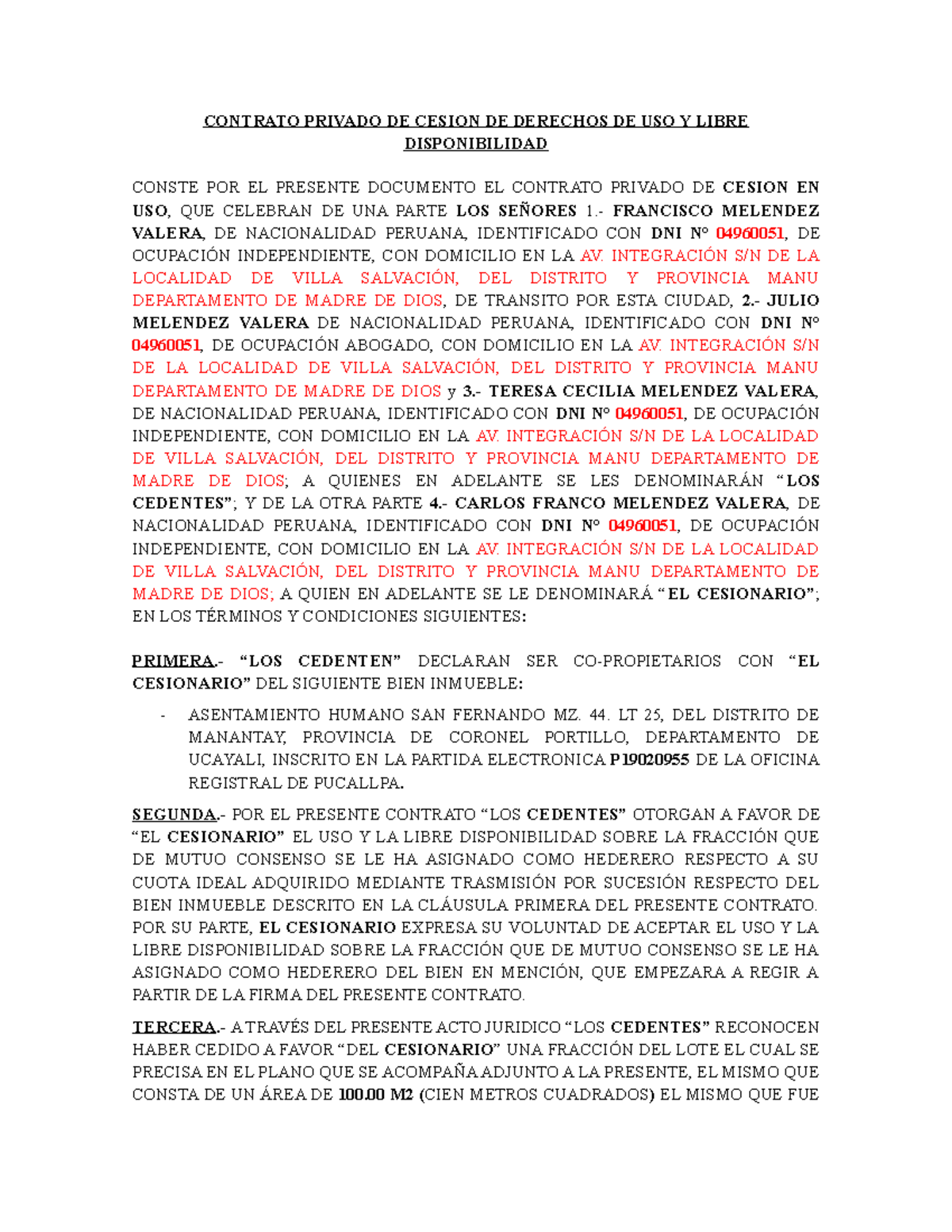 Contrato Privado DE Cesion EN USO- Otorga SU Inmueble Gratis - CONTRATO ...