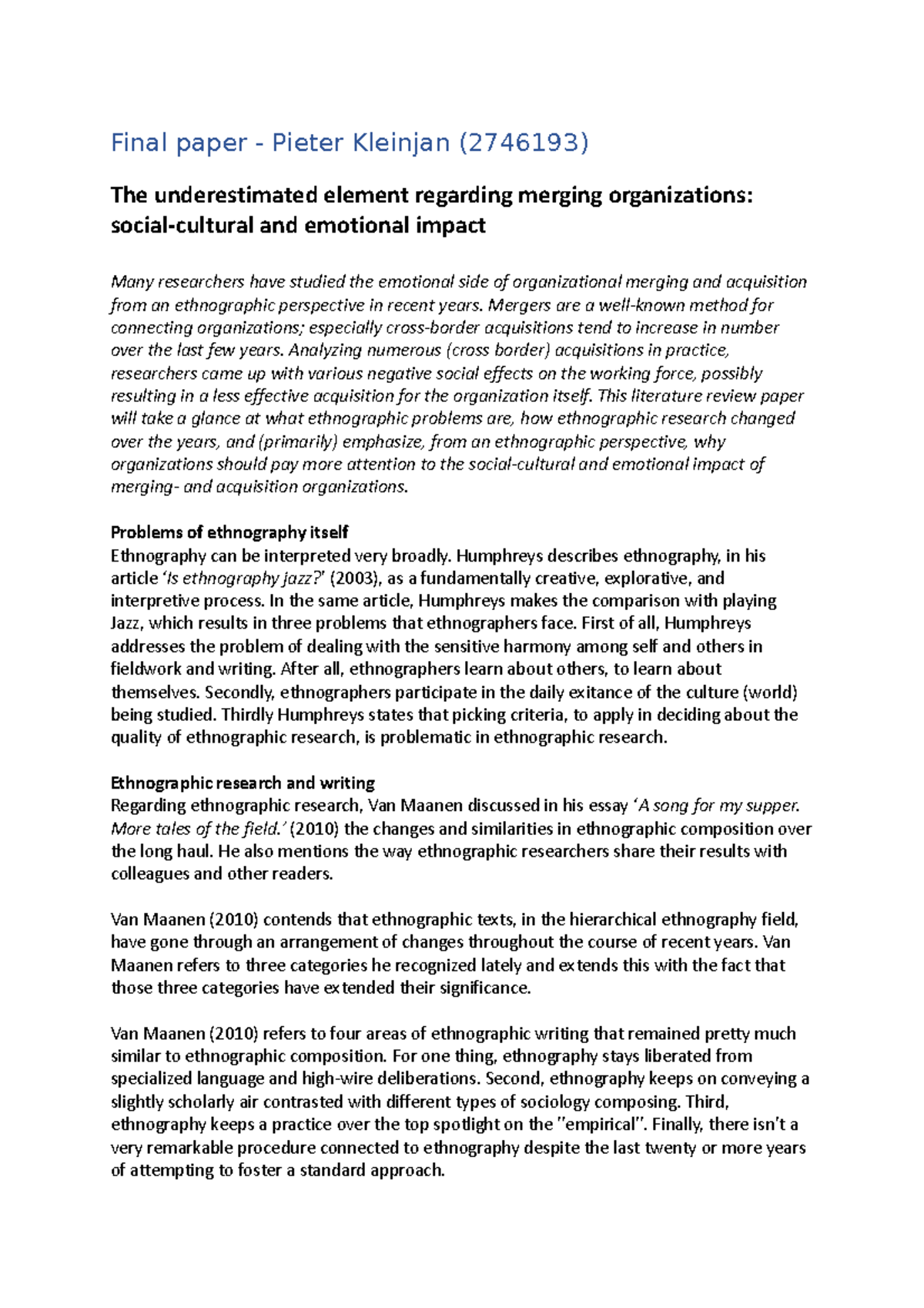 Paper Academic Writing - Final paper - Pieter Kleinjan (2746193) The ...