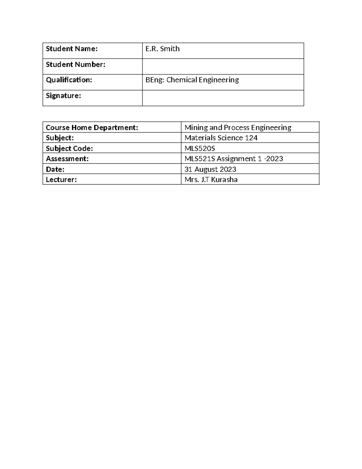 MLS Assignment 1 - Student Name: E. Smith Student Number: Qualification ...
