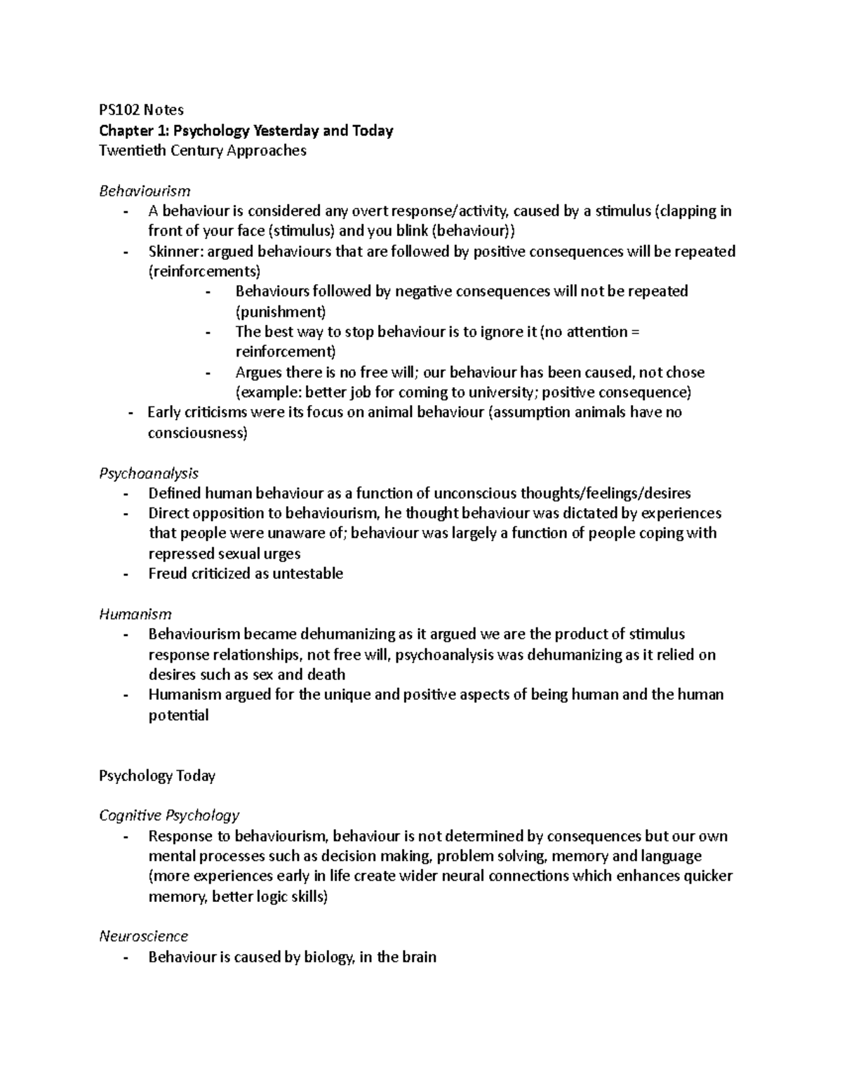 PS102 Notes - PS102 Notes Chapter 1: Psychology Yesterday and Today ...