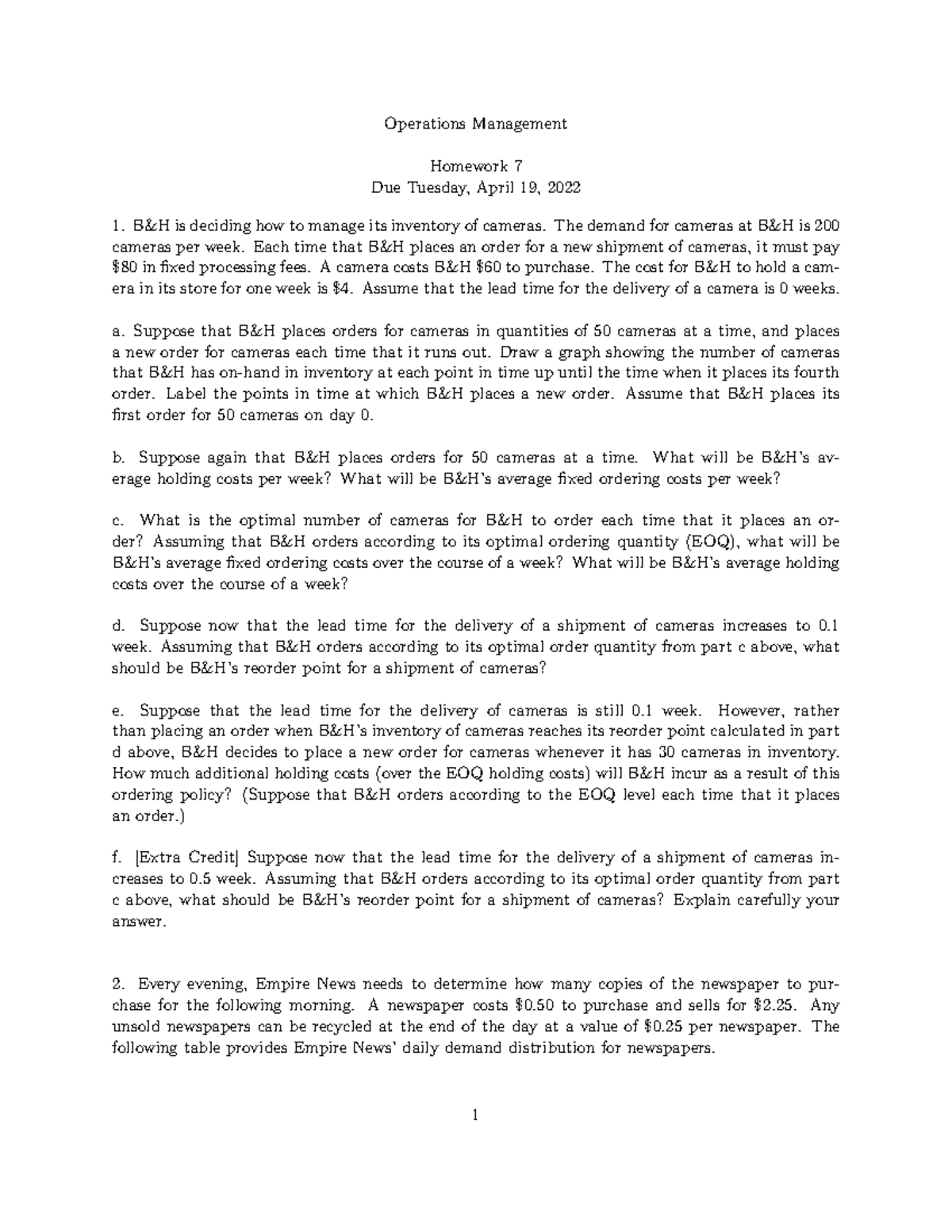 Assignment 7 Operations Management - Operations Management Homework 7 ...