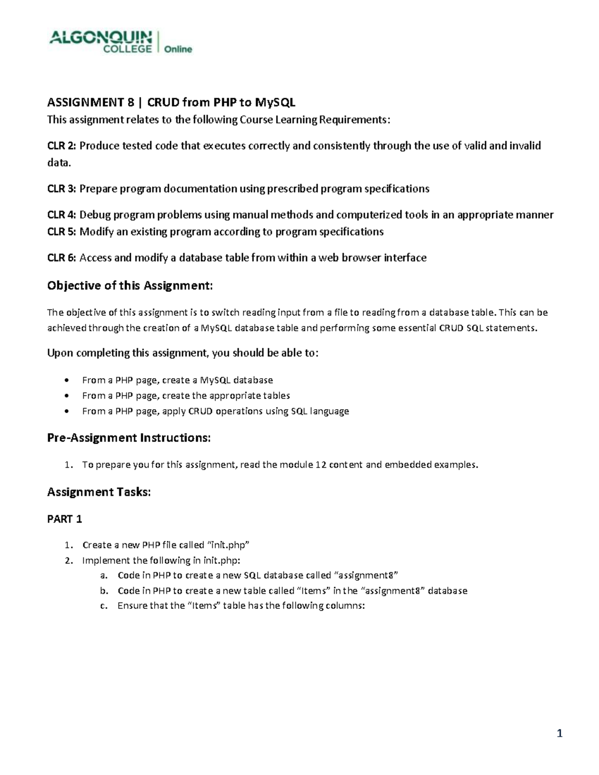 Assignment 8 - CRUD from PHP to My SQL - 1 ASSIGNMENT 8 | CRUD from PHP to MySQL This assignment ...