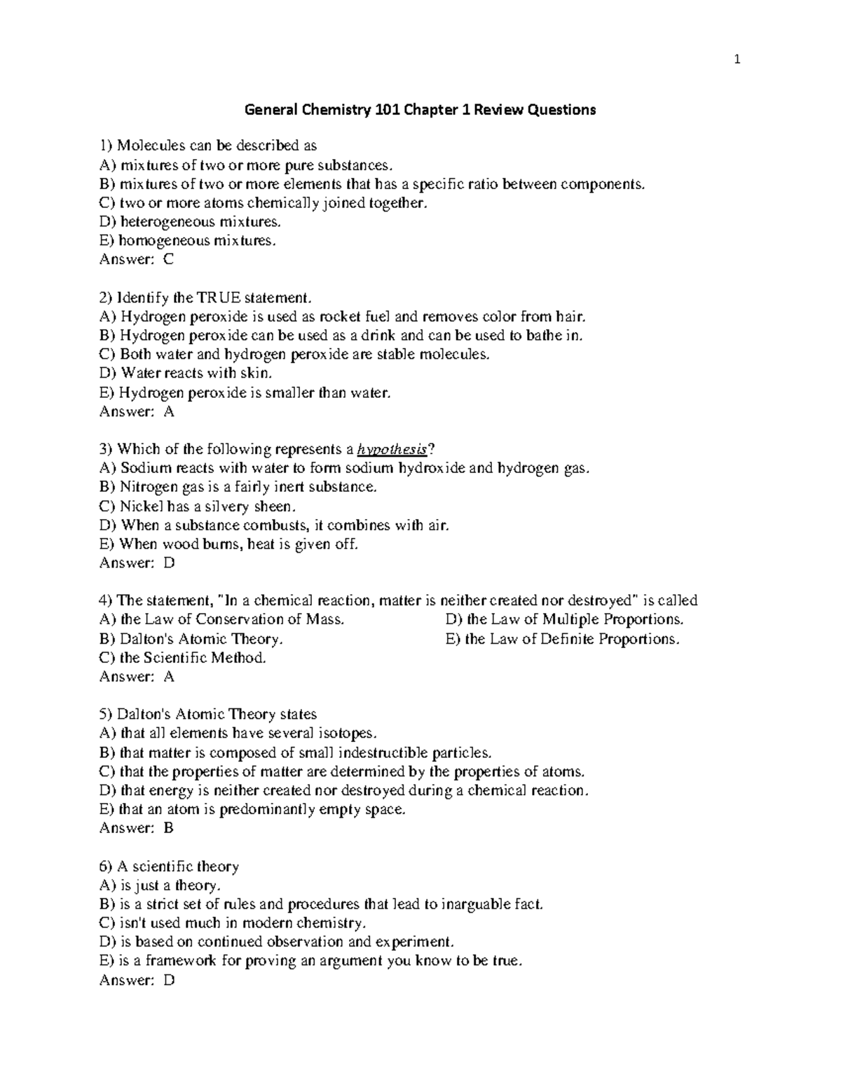 Chem 101 Ex1 review questions - General Chemistry 101 Chapter 1 Review ...