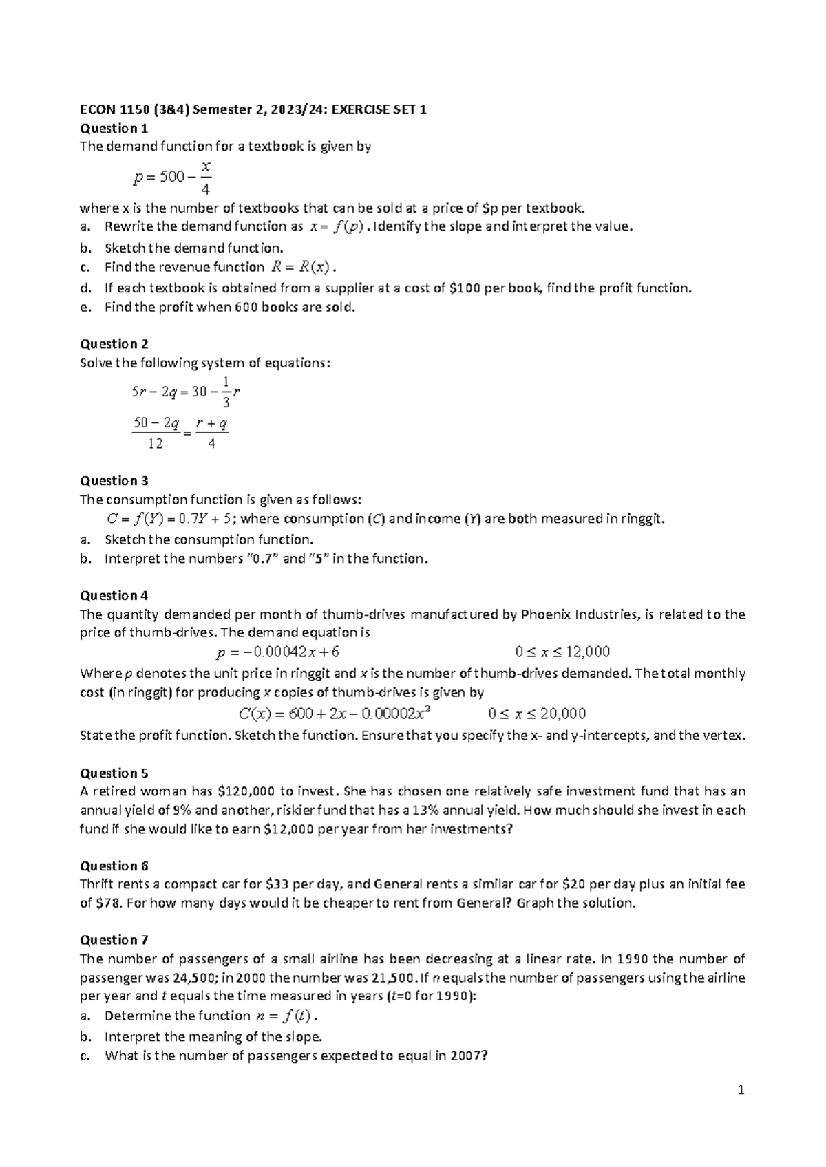 Exercise 1 function equation - 1 ECON 1150 (3&4) Semester 2, 20 23/24 ...