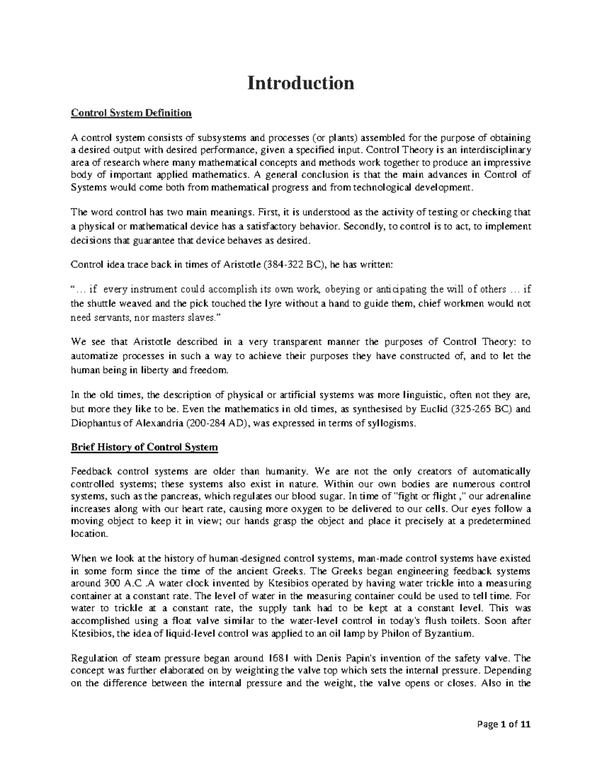 1 Introduction to control Engineering Chapter One - Introduction ...