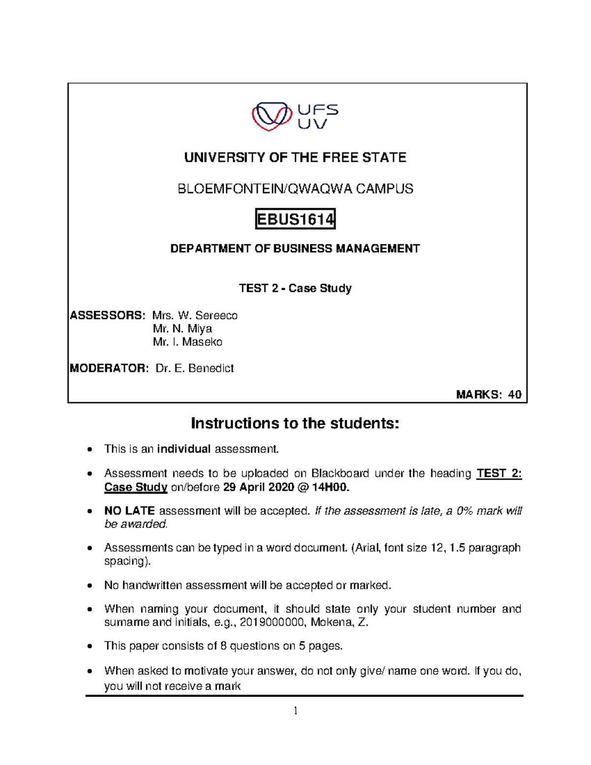 Test 2 Case study Question Paper - 1 UNIVERSITY OF THE FREE STATE ...