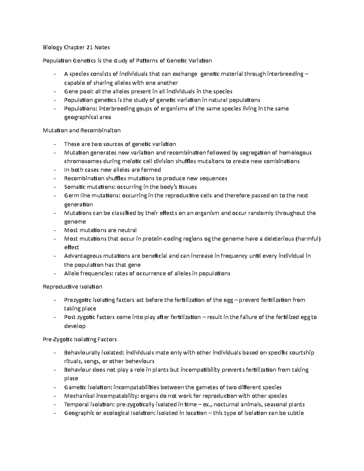 Biology Chapter 21 Notes Evolution and Speciation - Biology Chapter 21 ...