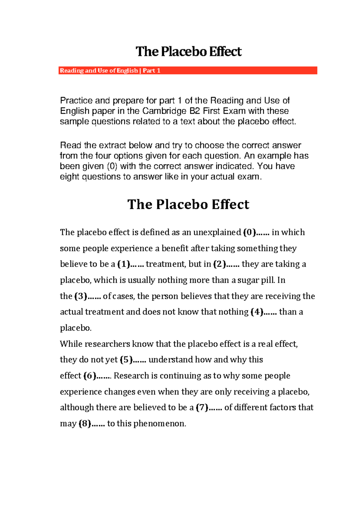 The Placebo Effect Practice 2 Reading Use of English - The Placebo ...