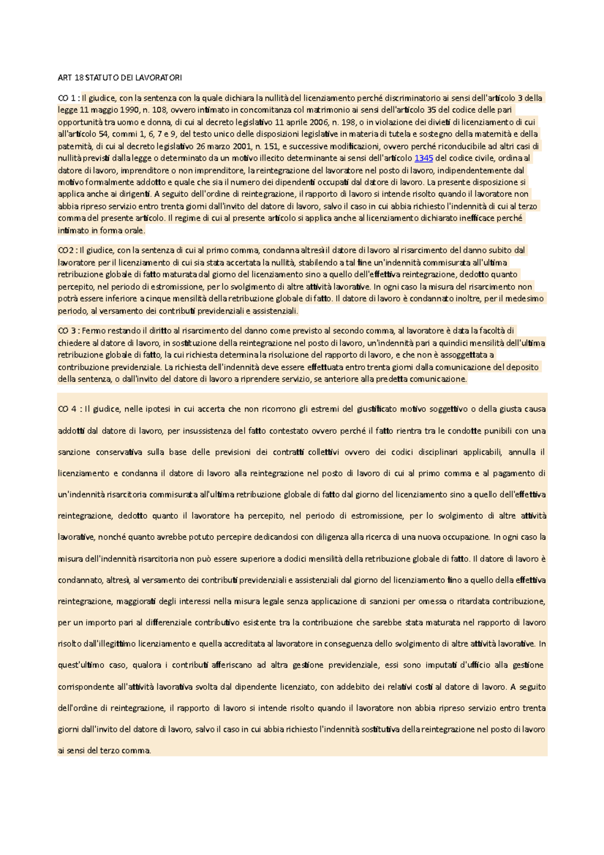 ART 18 Statuto DEI Lavoratori - ART 18 STATUTO DEI LAVORATORI CO 1 : Il ...