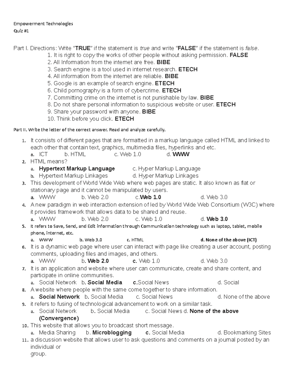 Etech Quiz 1 Week 1 module 1 - Empowerment Technologies Quiz Part I ...