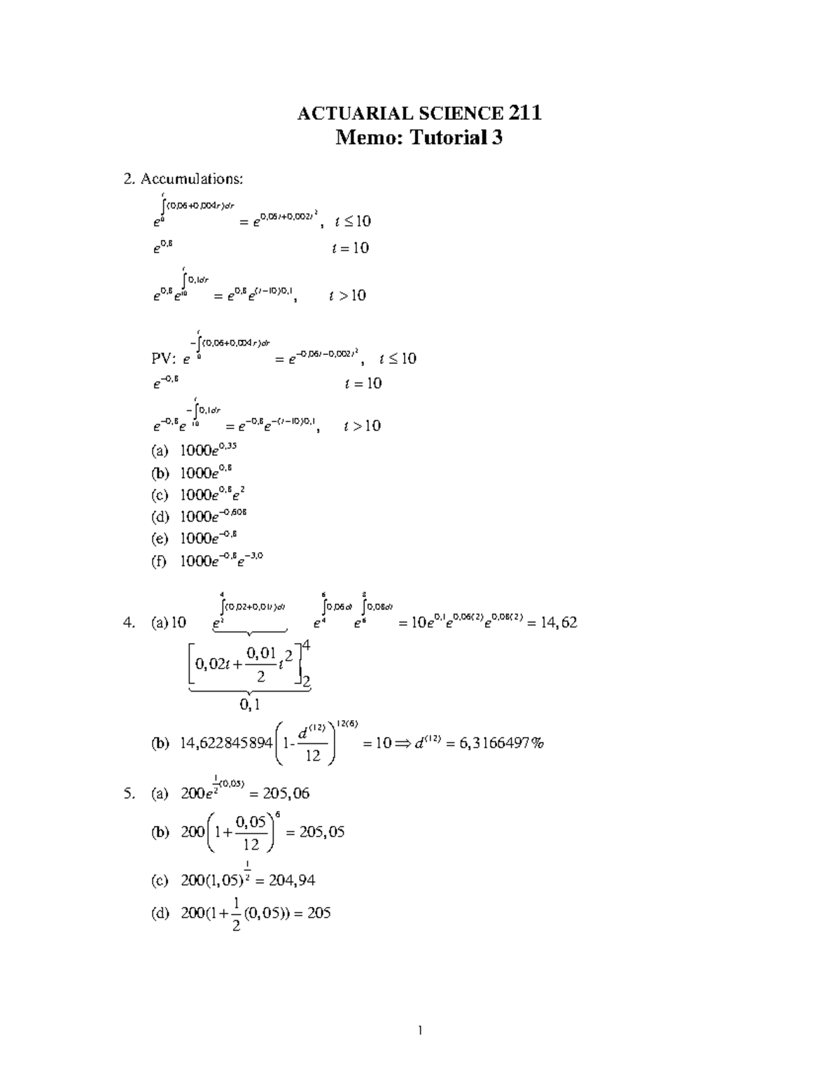 Tutorial 3 Memo - 1 ACTUARIAL SCIENCE 211 Memo: Tutorial 3 ...