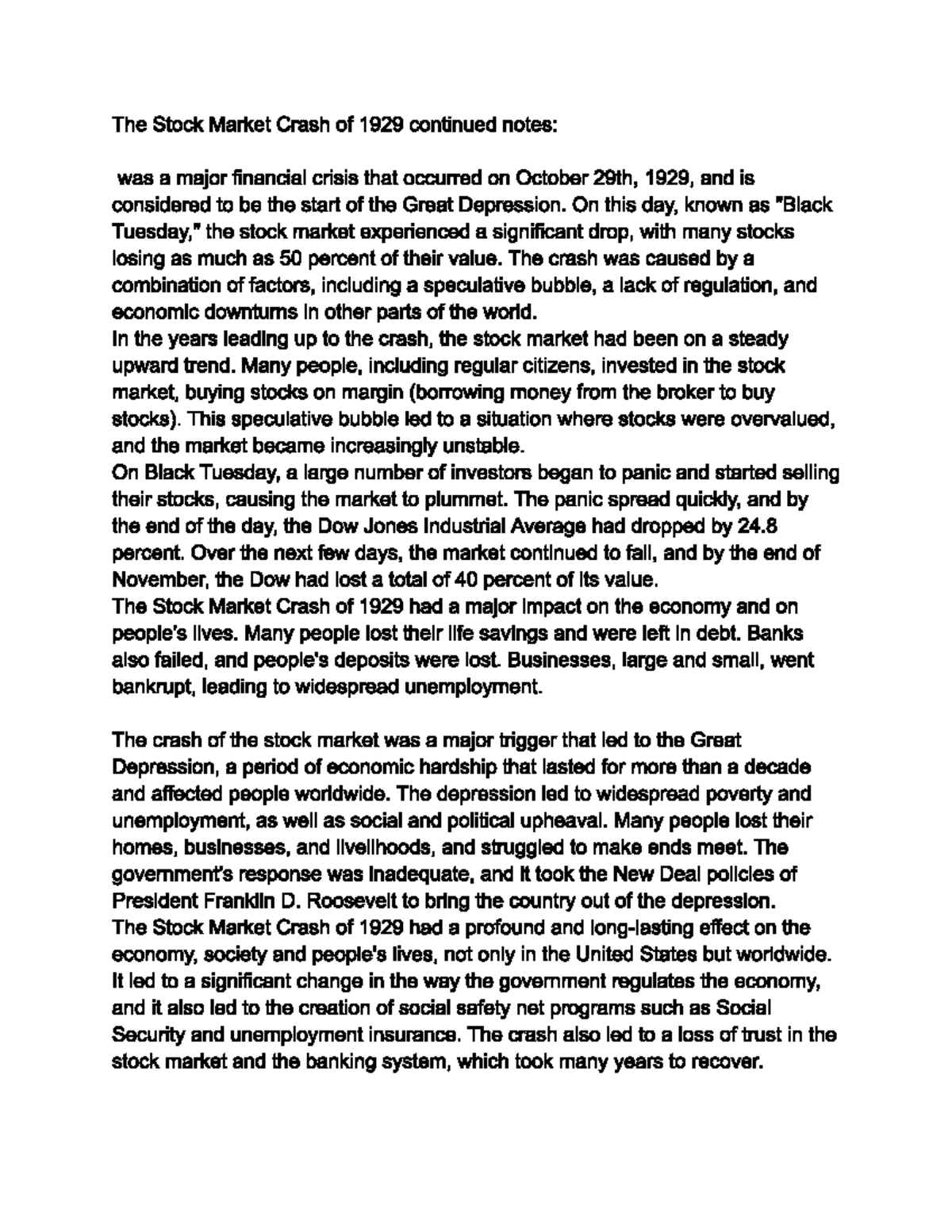 The Stock Market Crash of 1929 - HST 122 - Studocu