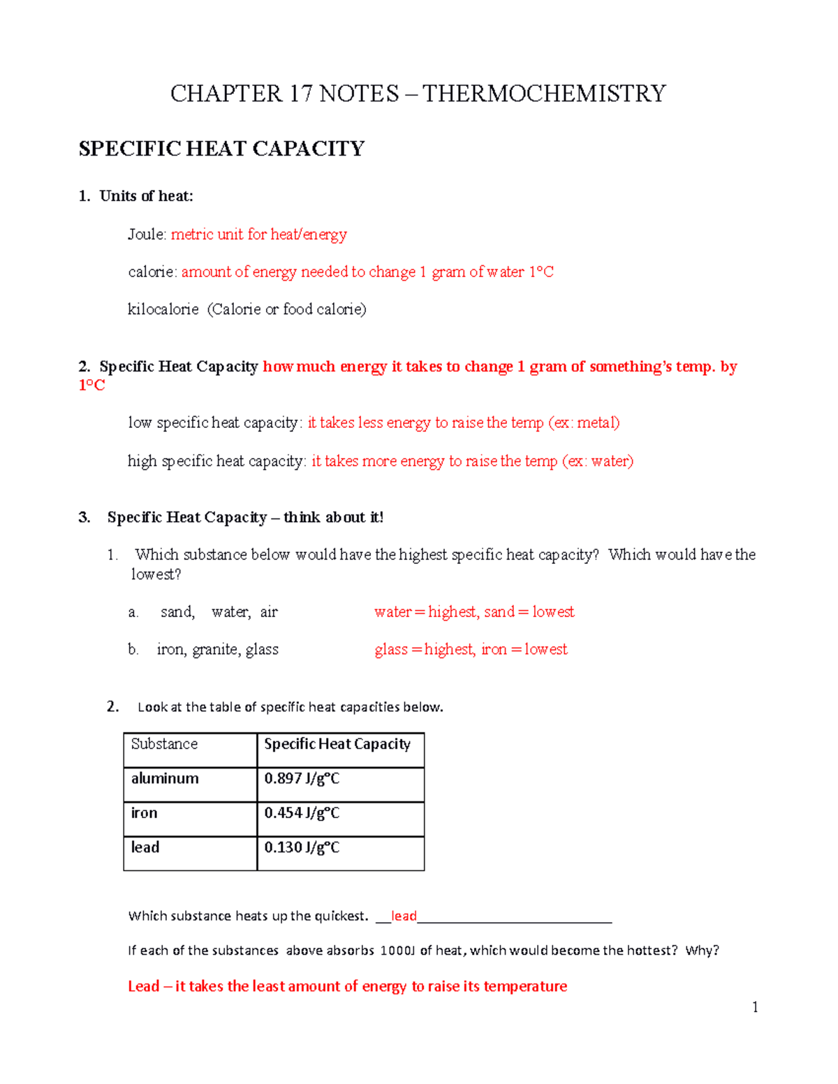 Specific heat and calorimerty - CHAPTER 17 NOTES – THERMOCHEMISTRY ...