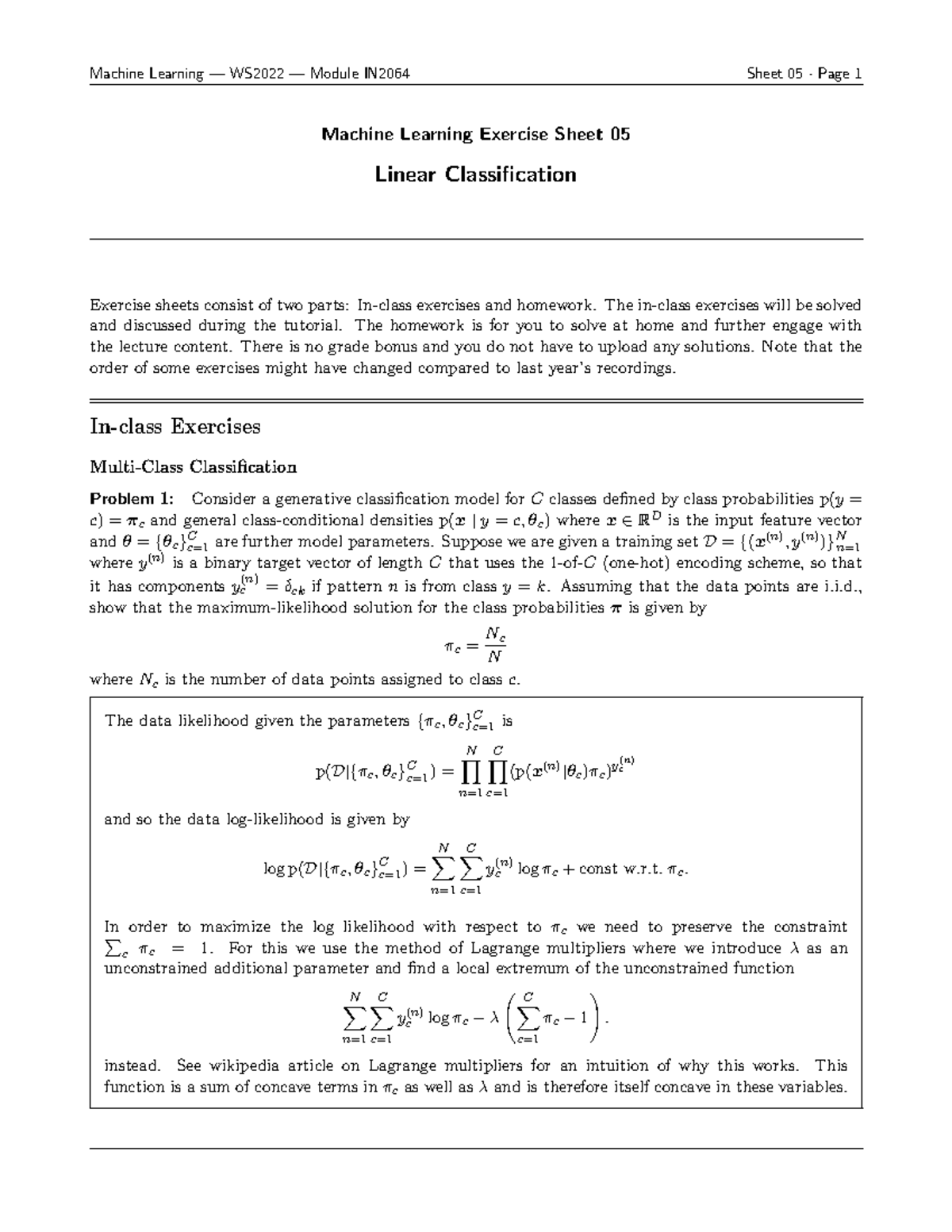 Exercise 5 Solution WS22-23 - Machine Learning Exercise Sheet 05 Linear Classification Exercise ...