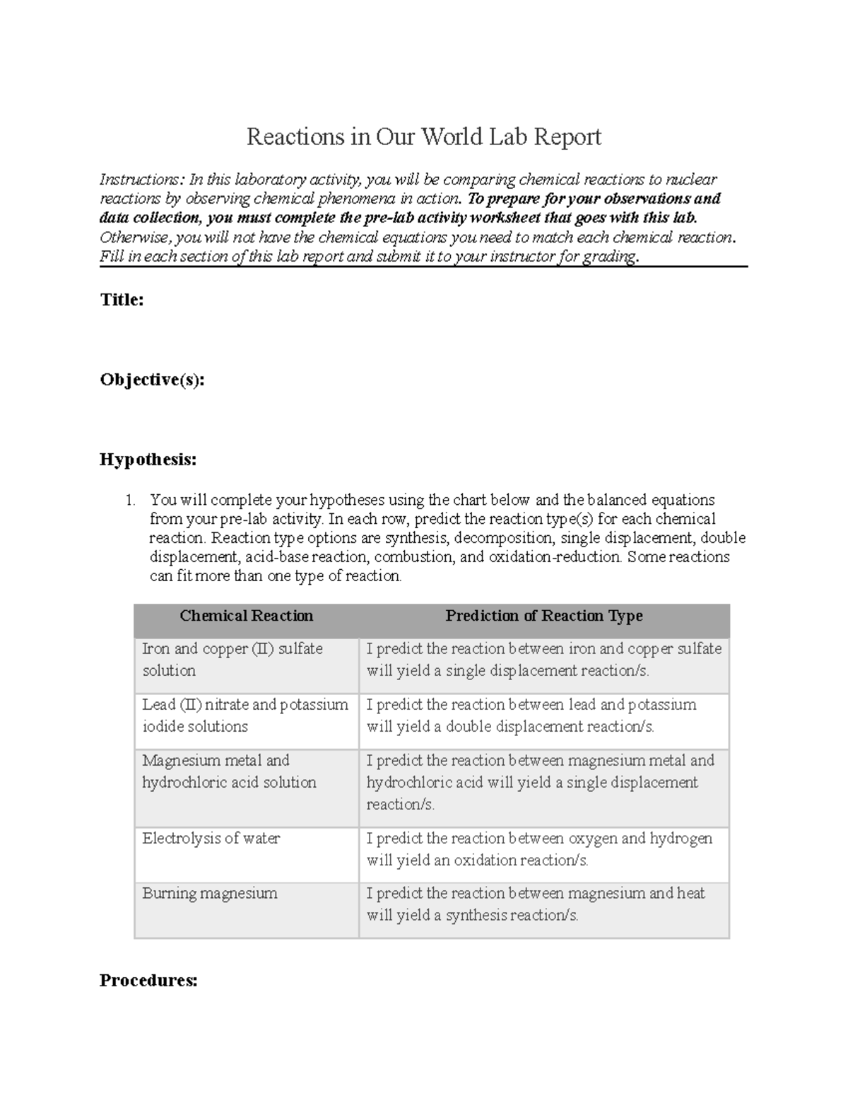 Lab report - chem - Reactions in Our World Lab Report Instructions: In ...