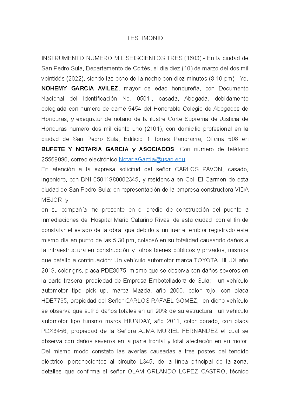 ACTA Notarial Nohemi - TESTIMONIO INSTRUMENTO NUMERO MIL SEISCIENTOS ...