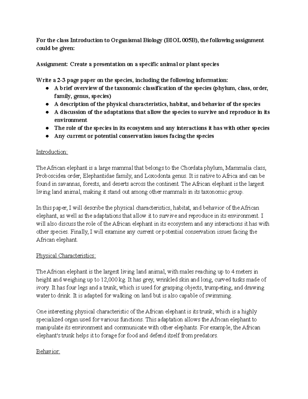 BIOL 005B essay 1 - For the class Introduction to Organismal Biology ...