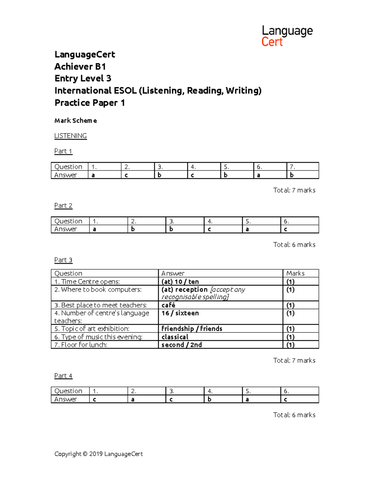 Language Cert PP1 B1 Iesol Ms - Copyright © 2019 LanguageCert LanguageCert Achiever B Entry ...