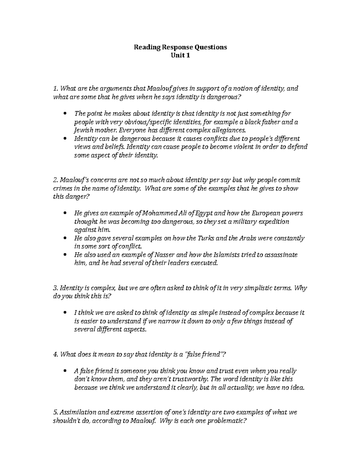 Reading Response questions - Reading Response Questions Unit 1 What are ...