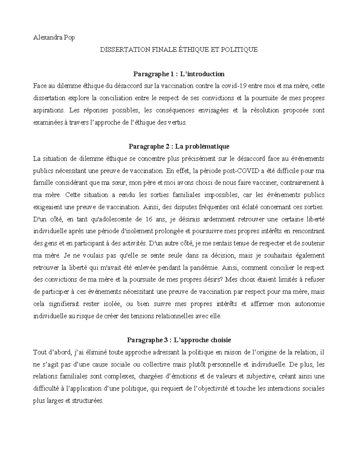 Dissertation finale philo plan - Alexandra Pop DISSERTATION FINALE ÉTHIQUE ET POLITIQUE ...