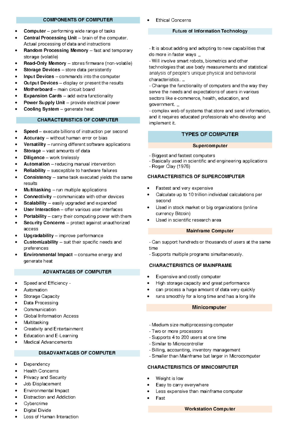 IT- Reviewer for midterms - COMPONENTS OF COMPUTER Computer ...
