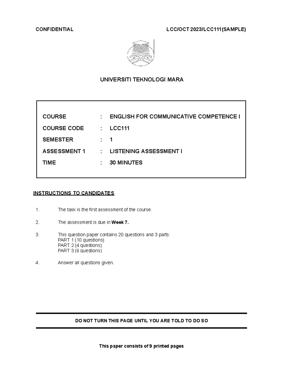 LCC111 Sample Listening Assessment I QP - UNIVERSITI TEKNOLOGI MARA ...
