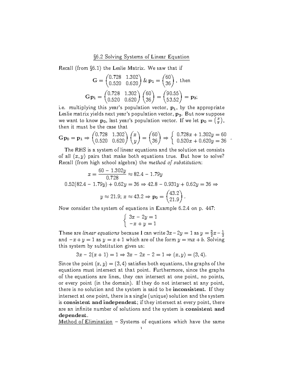 232 6 - Lecture notes 6.2 - §6 Solving Systems of Linear Equation ...
